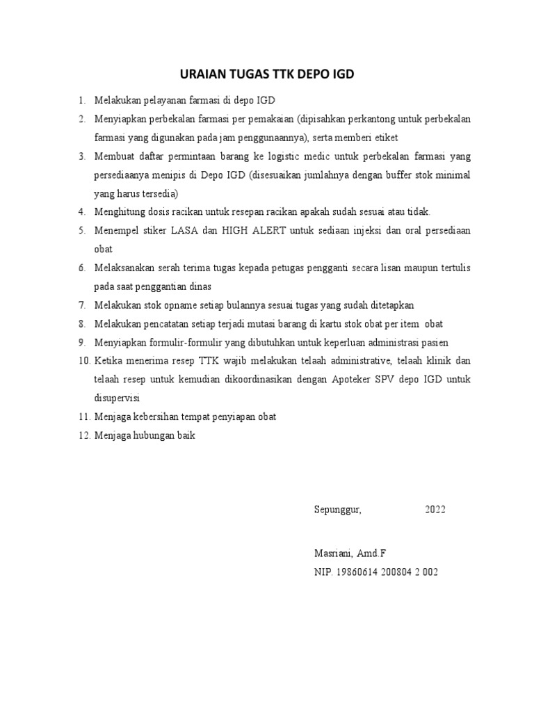 Uraian Tugas TTK Igd | PDF