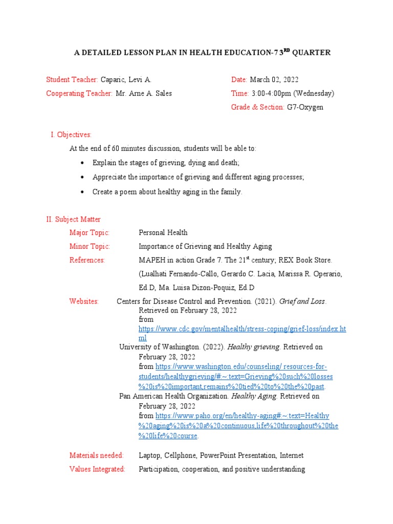 GRADE 7 (3rd Grading) DLP - Aging Process (4a's) | PDF | Grief | Stress ...
