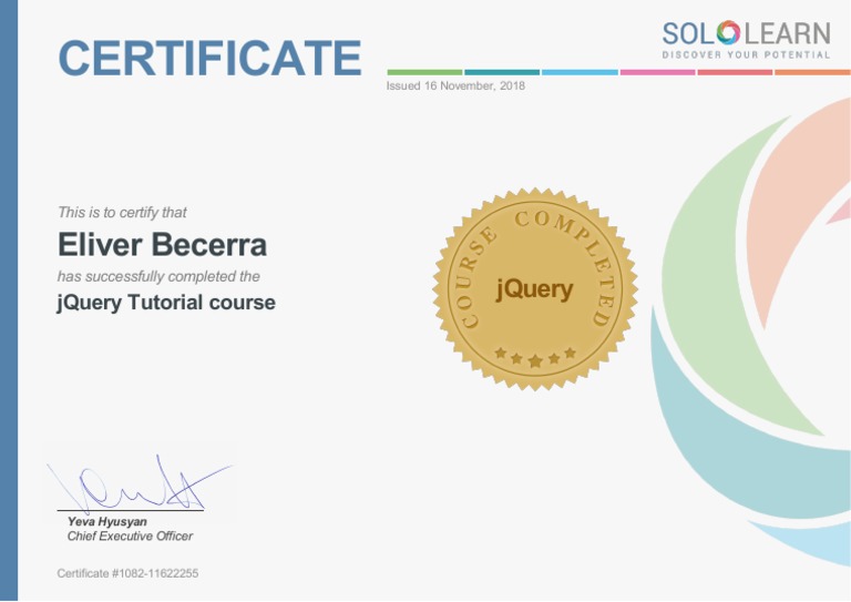 jQuery Tutorial Completion Certificate | PDF
