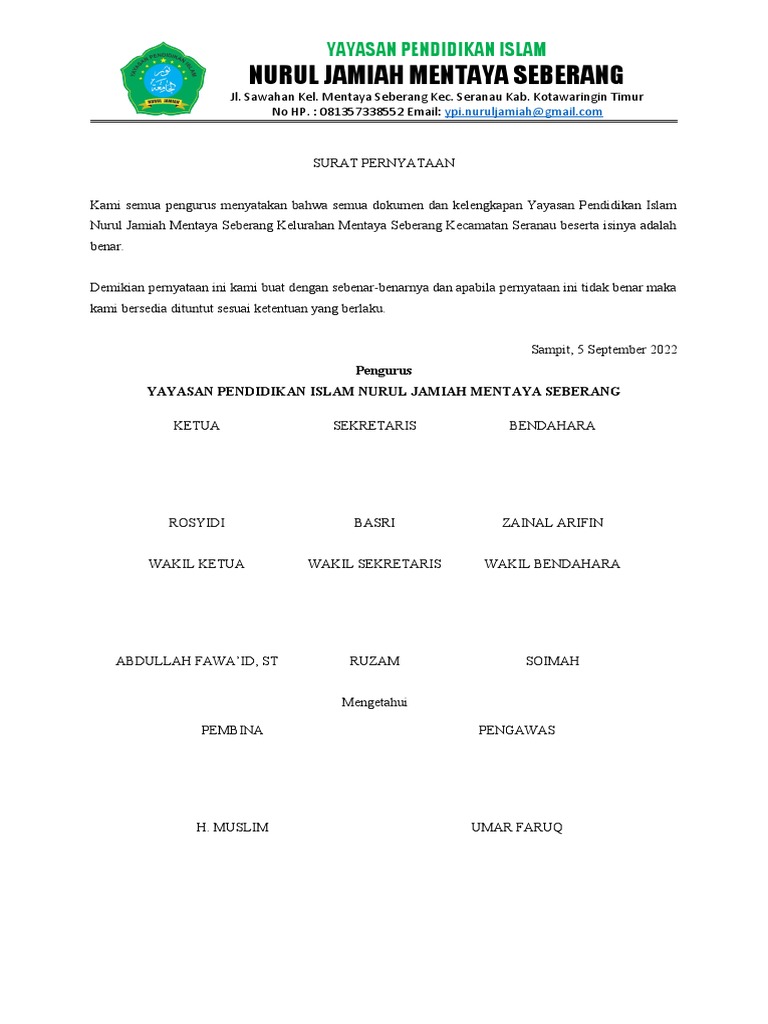 Surat Pernyataan Nurul Jamiah | PDF