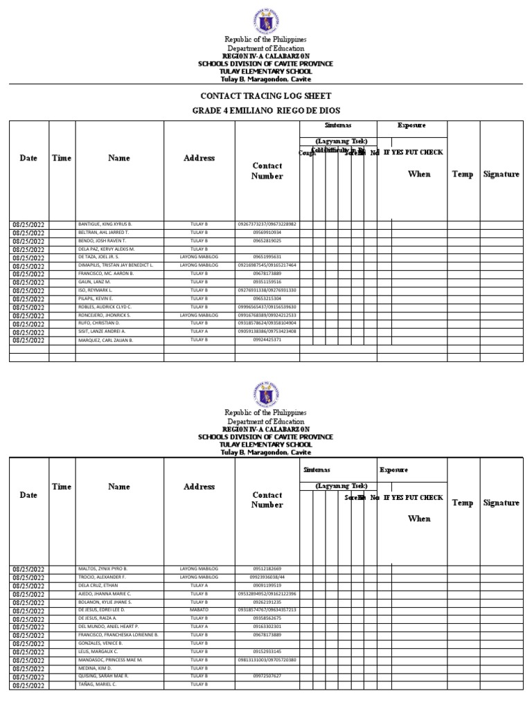 Contact Tracing Log Sheet Learners | PDF