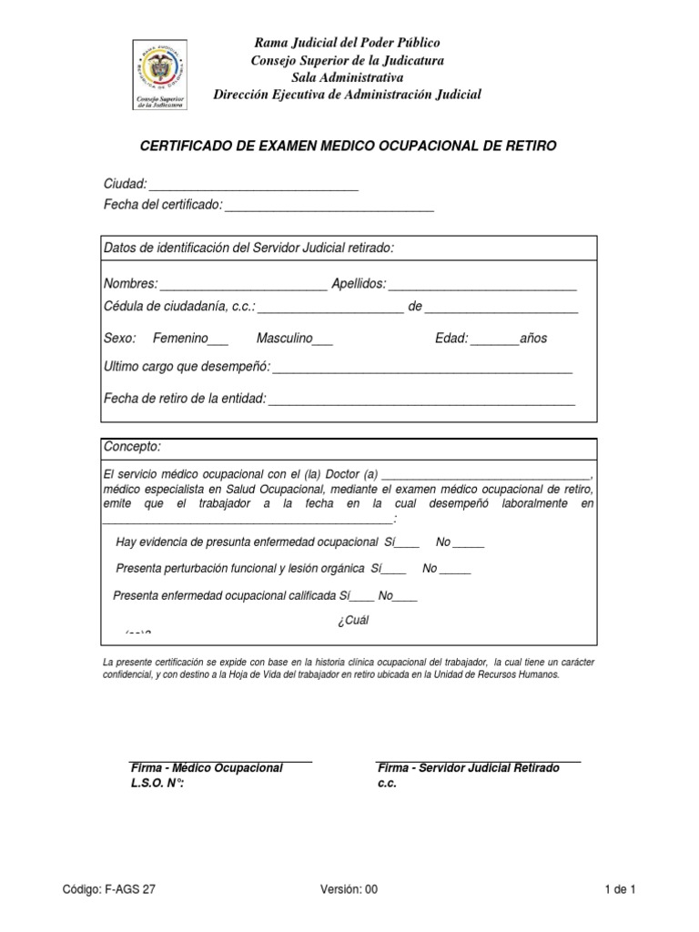 FORMATO Certificado Examen Ocupacional Retiro | PDF