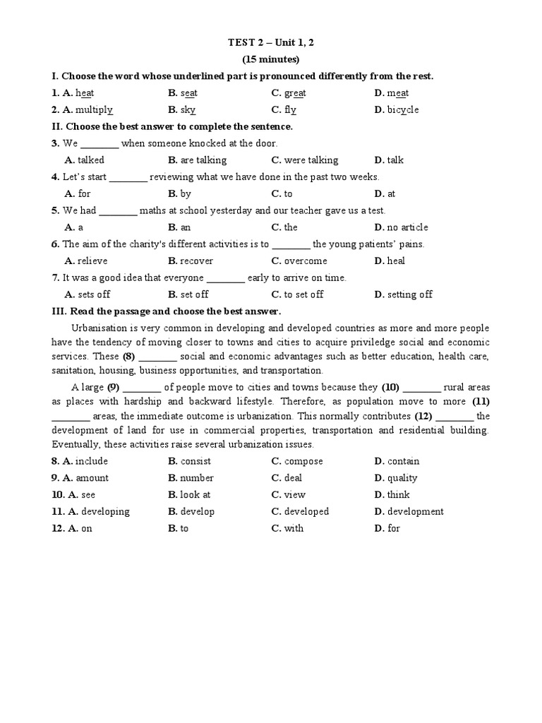 TEST 2 - Unit 1, 2 (15 Minutes) | PDF