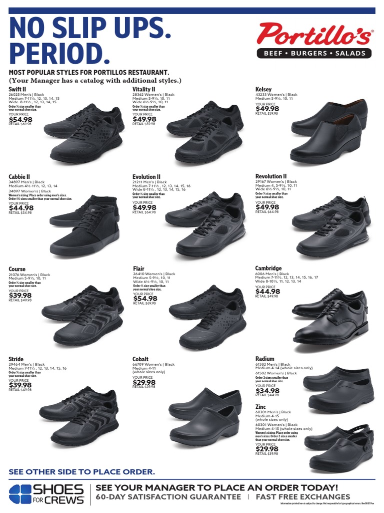 Popular Shoe Styles and Order Form for Portillos Restaurant Employees ...