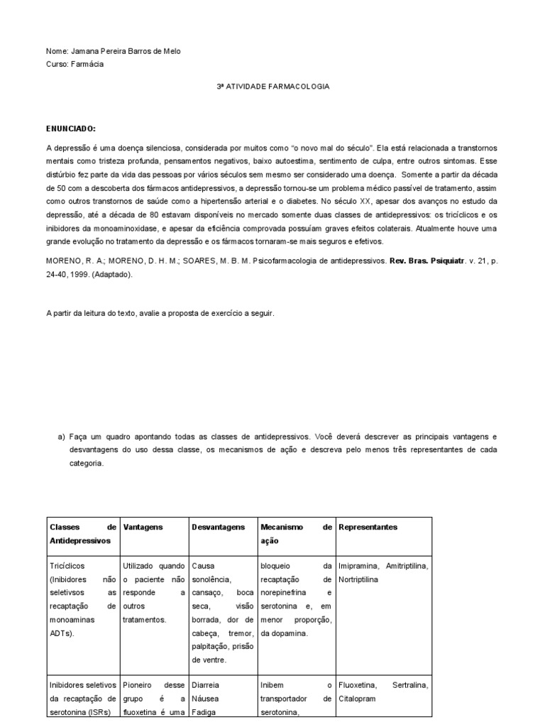Atividade Farmacologia Modulo 3 | PDF | Antidepressivo | Depressão