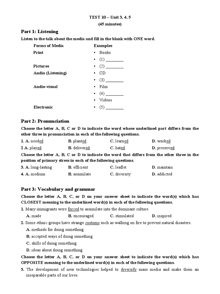 TEST 10 - Unit 3, 4, 5 (45 Minutes) | PDF | Mass Media | Linguistics