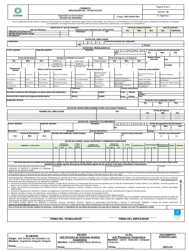 Ultima Version Formato Afiliación Cofrem | PDF | Salario