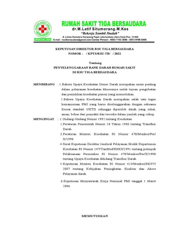 Keputusan Direktur Rsu Tiga Bersaudara Nomor: / Kpts/Rsu-Tb/ / 2022 | PDF | Sains & Matematika