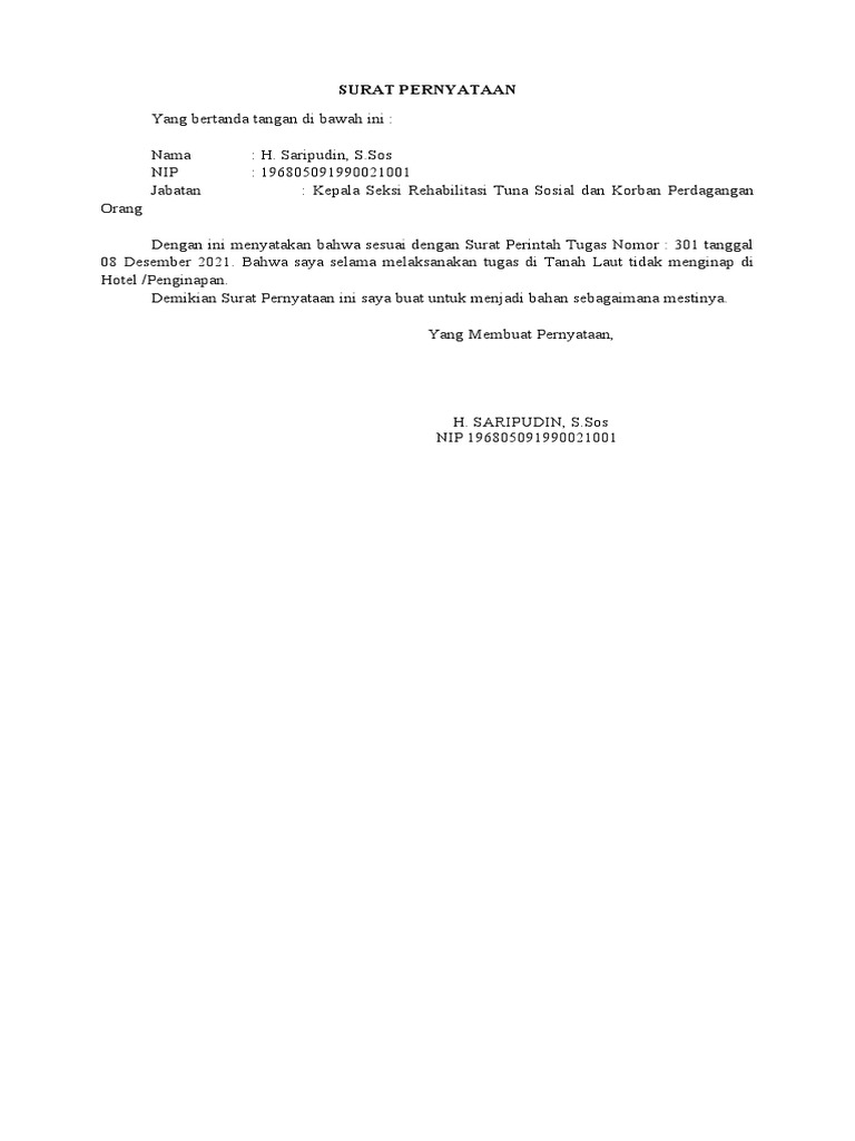Pernyataan Tugas Tanpa Menginap | PDF