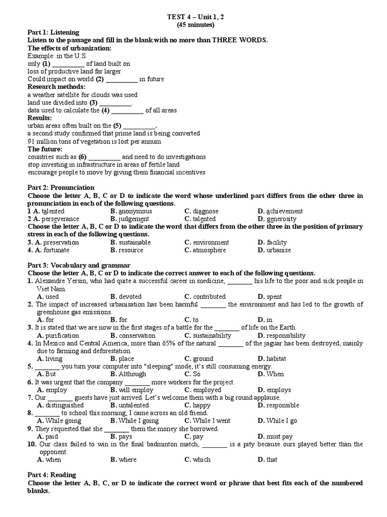 TEST 4 - Unit 1, 2 (45 Minutes) | PDF
