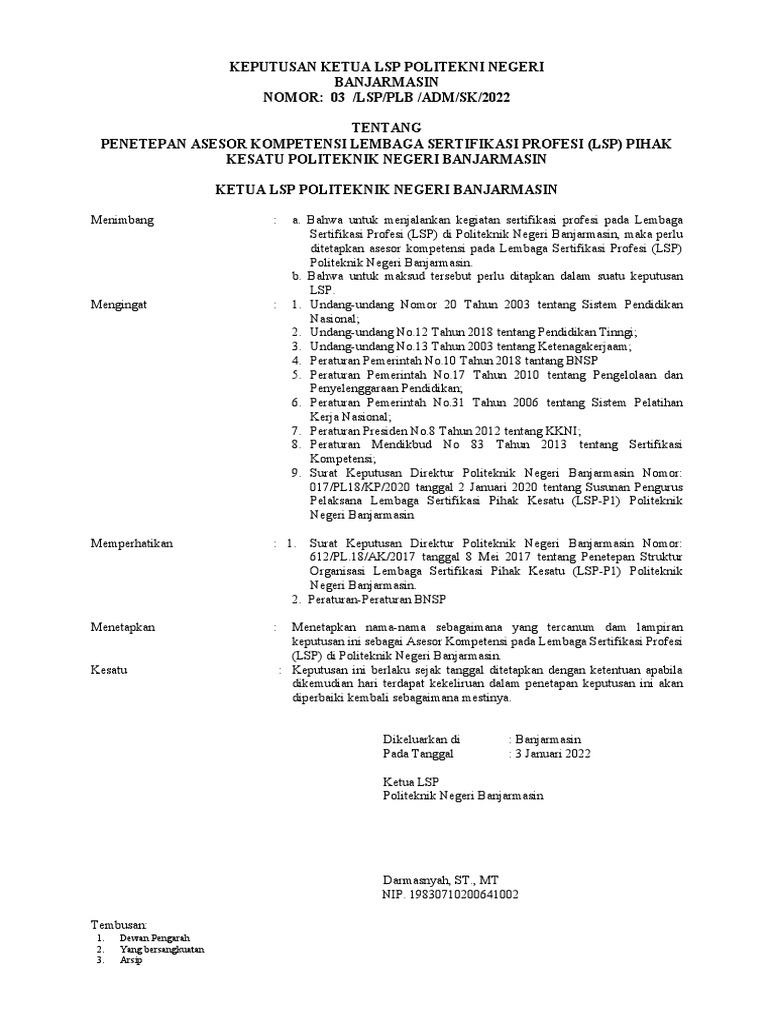 SK Penetapan Auditor Internal LSP Oleh LSP | PDF