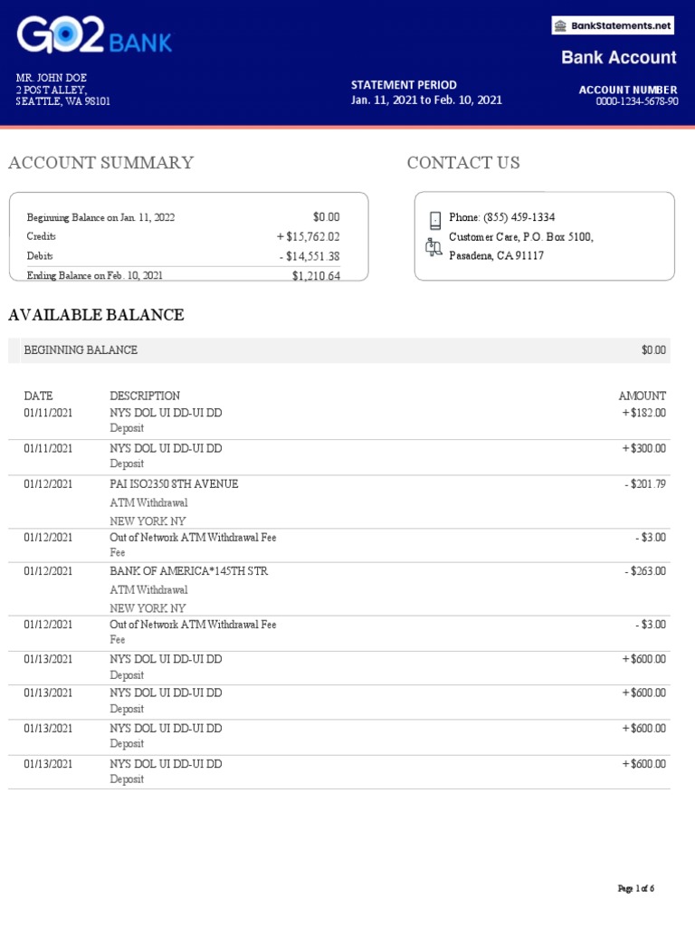 GO2bank Bank Statement | PDF | Automated Teller Machine | Banks