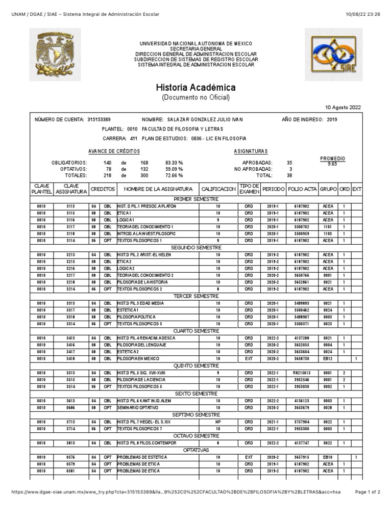 UNAM - DGAE - SIAE Sistema Integral de Administración Escolar | PDF
