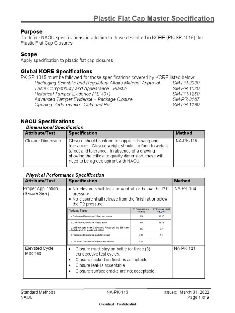 NA-PK-113 Plastic Flat Cap Master Specification | PDF | Specification ...
