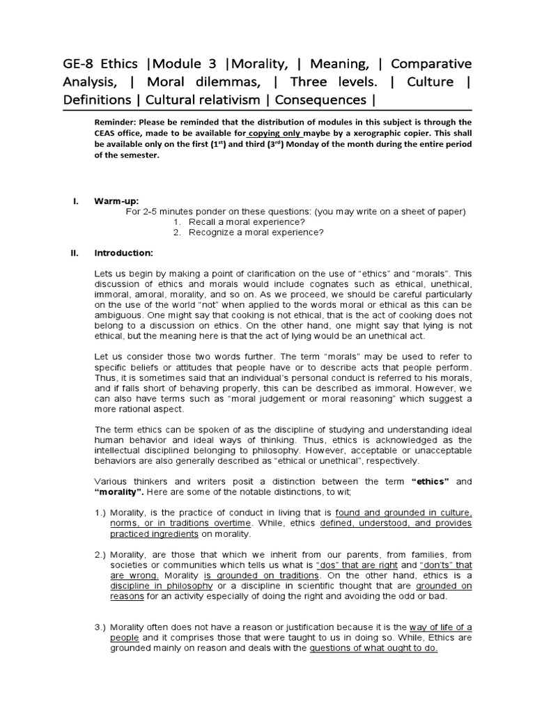 GE-8 Ethics Module 3 Morality Meaning Comparative Analysis | PDF | Morality | Reason