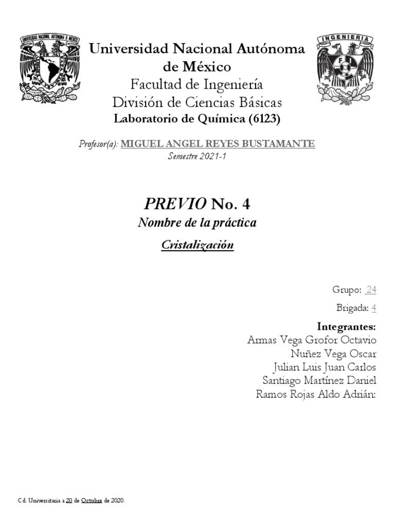 Previo#4 LAB QUIMICA UNAM FI | PDF | Cristalización | Precipitación (Química)