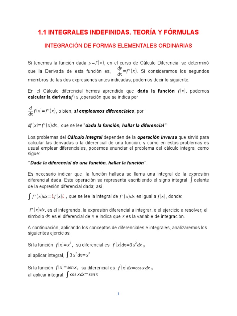 Teoría y Fórmulas de Integrales Indefinidas | PDF | Integral | Cálculo