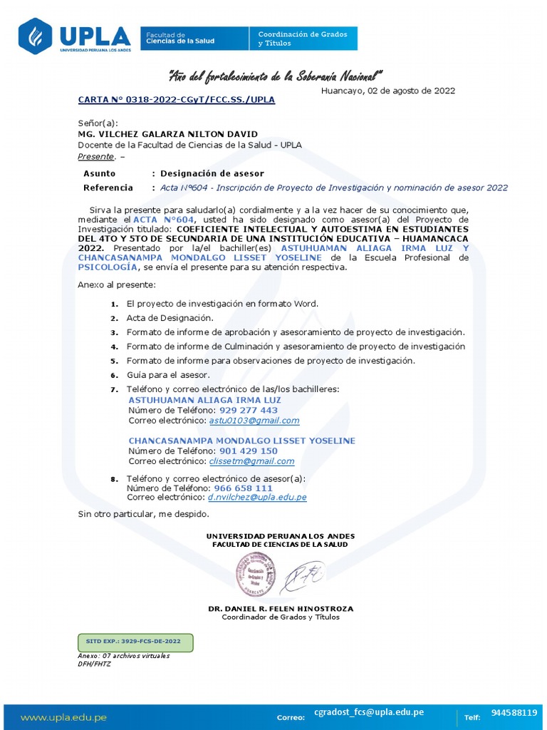 1 Carta N°318 - Mg. Vilchez Galarza Nilton David - Acta 604 ...