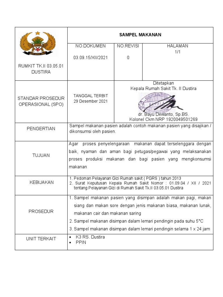 Prosedur Penyimpanan Sampel Makanan | PDF