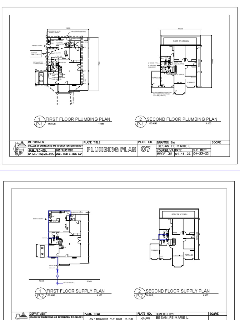 Plumbing Plans for a Two-Story Building Showing Drainage, Waste Pipes ...