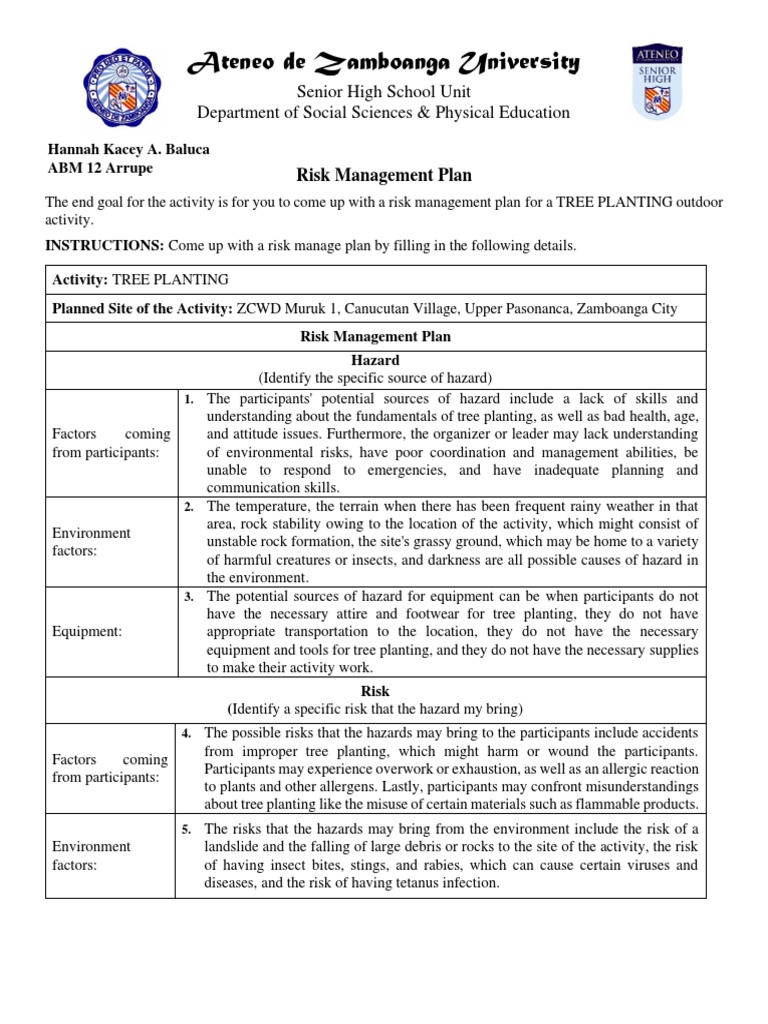 RISK MANAGEMENT PLAN | PDF | Risk | Hazards