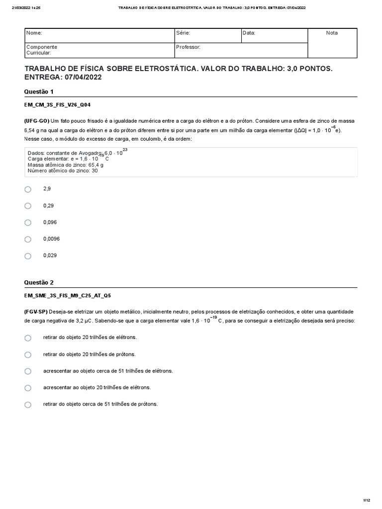 Trabalho de F - Sica Sobre Eletrost - Tica. Valor Do Trabalho - 3,0 ...