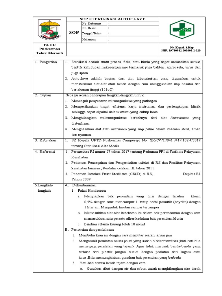 Sop Sterilisasi - Autoclave | PDF