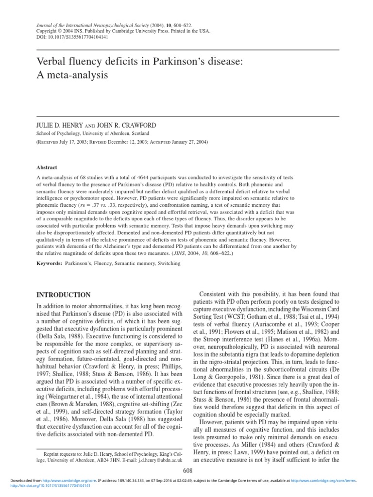 Verbal Fluency Deficits in Parkinson S Disease A Meta Analysis | PDF ...