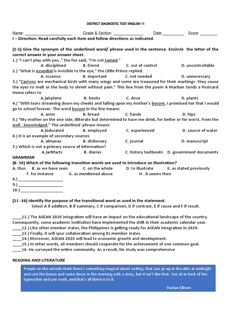 Grade 11 English Diagnostic Test | PDF | General Fiction