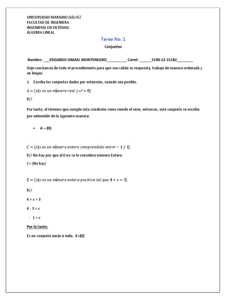 Tarea No 1 Conjuntos Algebra Lineal Tarea | PDF | Métodos y materiales ...