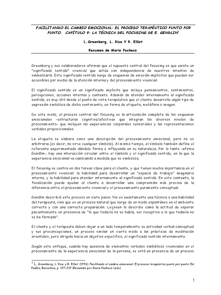 Focusing de Gendlin Descrito Por Greenberg | PDF | Experiencia | Las ...