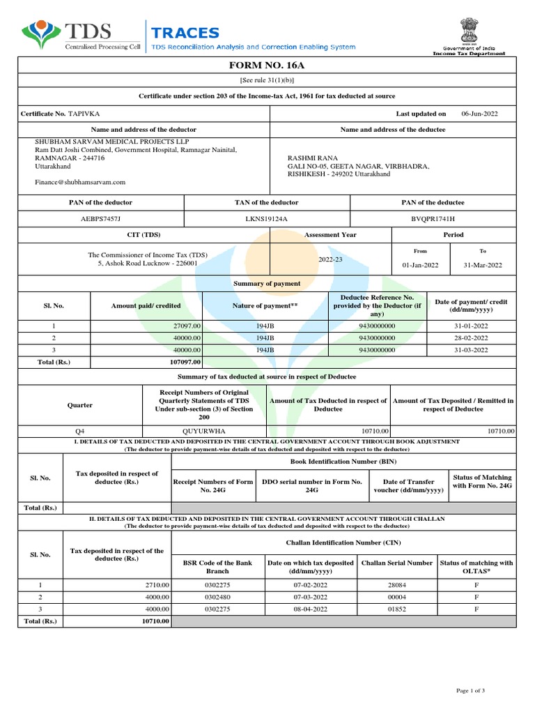 FORM 16A CERTIFICATE | PDF | Payments | Banks