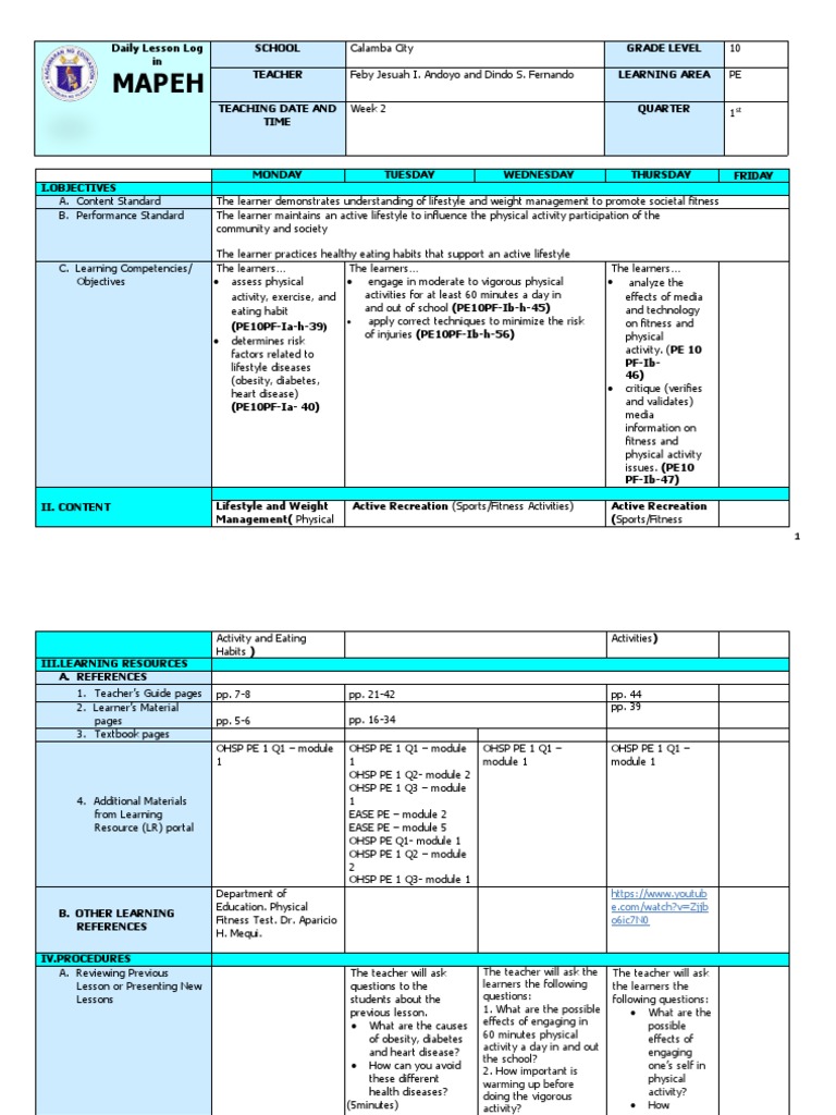 Grade 10 PE Lesson Plan: Week 2 | PDF | Physical Education | Physical ...