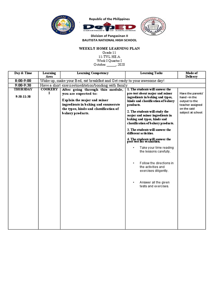 COOKERY-11-TVL-HE-A-WORKPLAN | PDF | Behavior Modification | Cognition