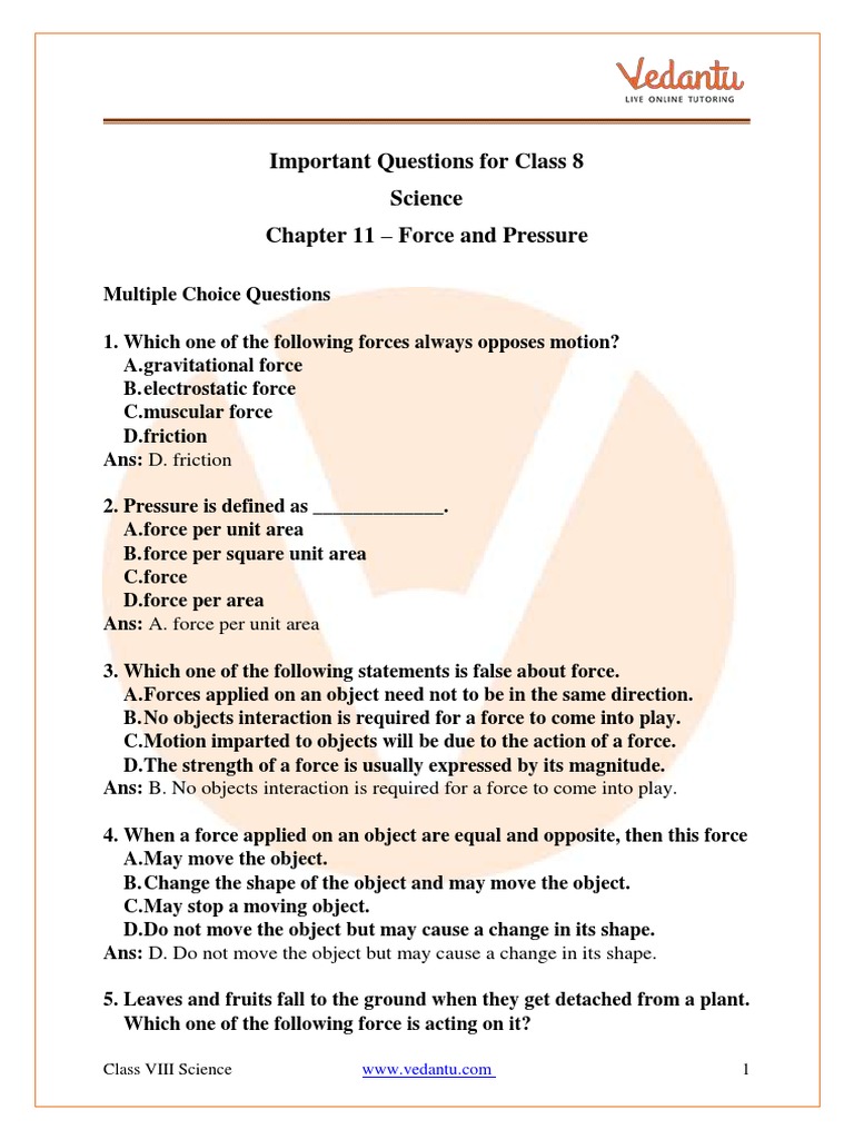 Class 8 Science: Force and Pressure Q&A | PDF | Force | Friction