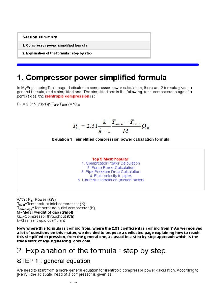 Compressor Power Formula - Step by Step Explanations | PDF | Gases ...