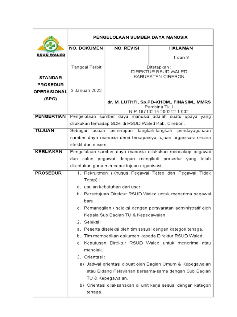 SOP SDM RSUD Waled Cirebon | PDF | Karier & Perkembangan | Bisnis