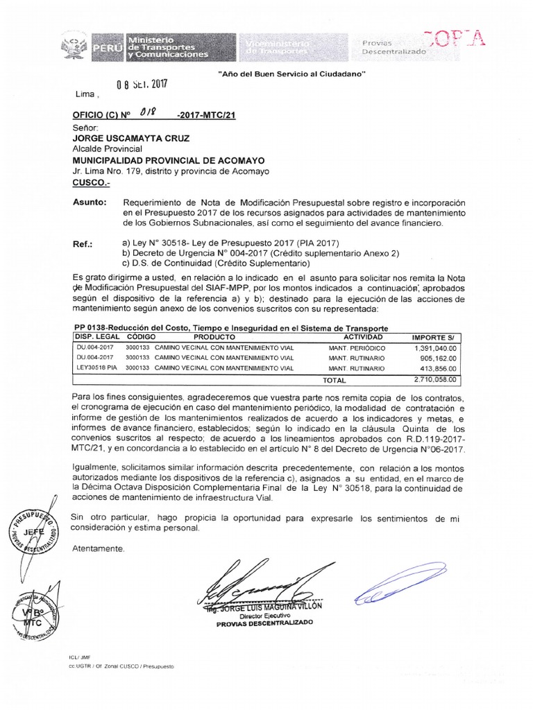 Oficio (C) #018-2017-MTC21 | PDF