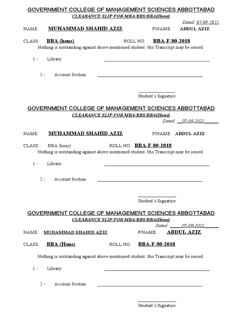 Clearance Slips BBA Fall 2015-1 | PDF | Finance & Money Management