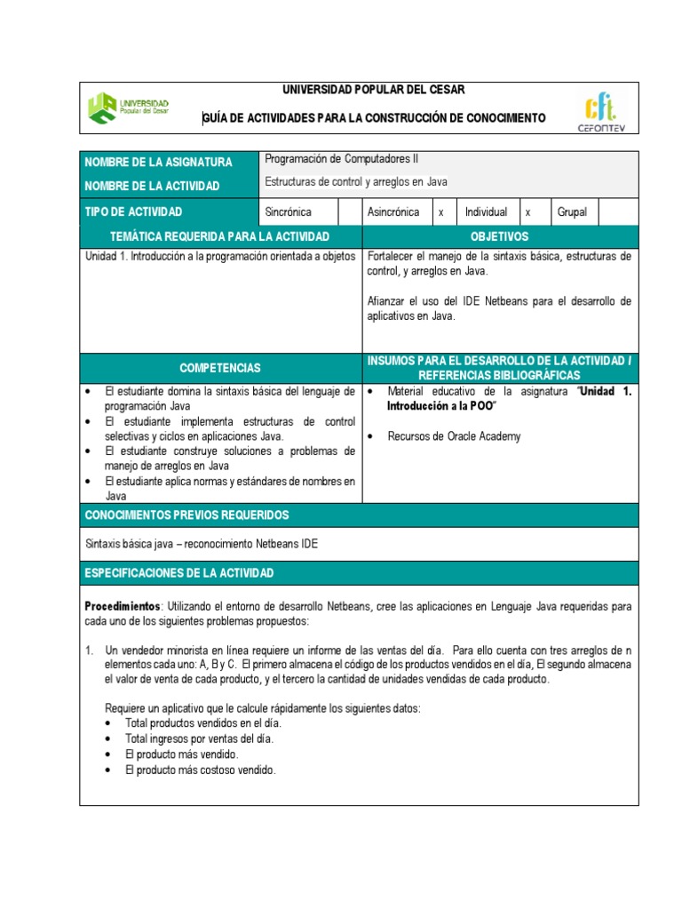 Actividad 3. Estructuras de Control y Arreglos en Java | PDF | Java ...