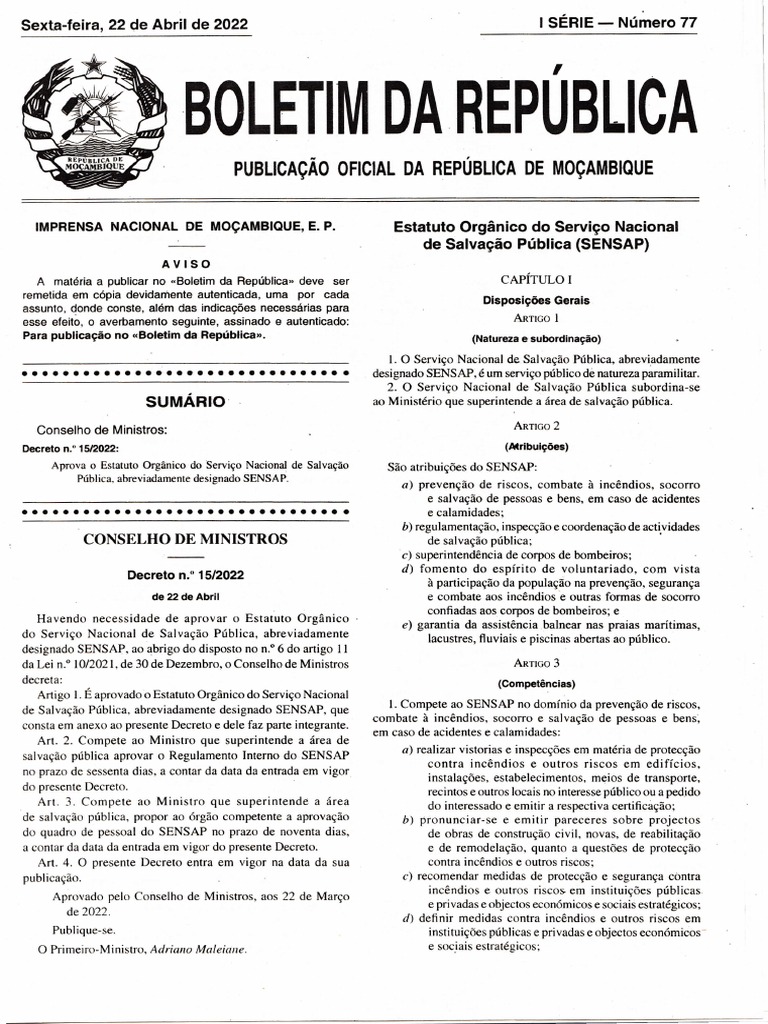Decreto 15-2022, de 22 de Abril. Estatuto Orgánico Do SENSAP | PDF ...