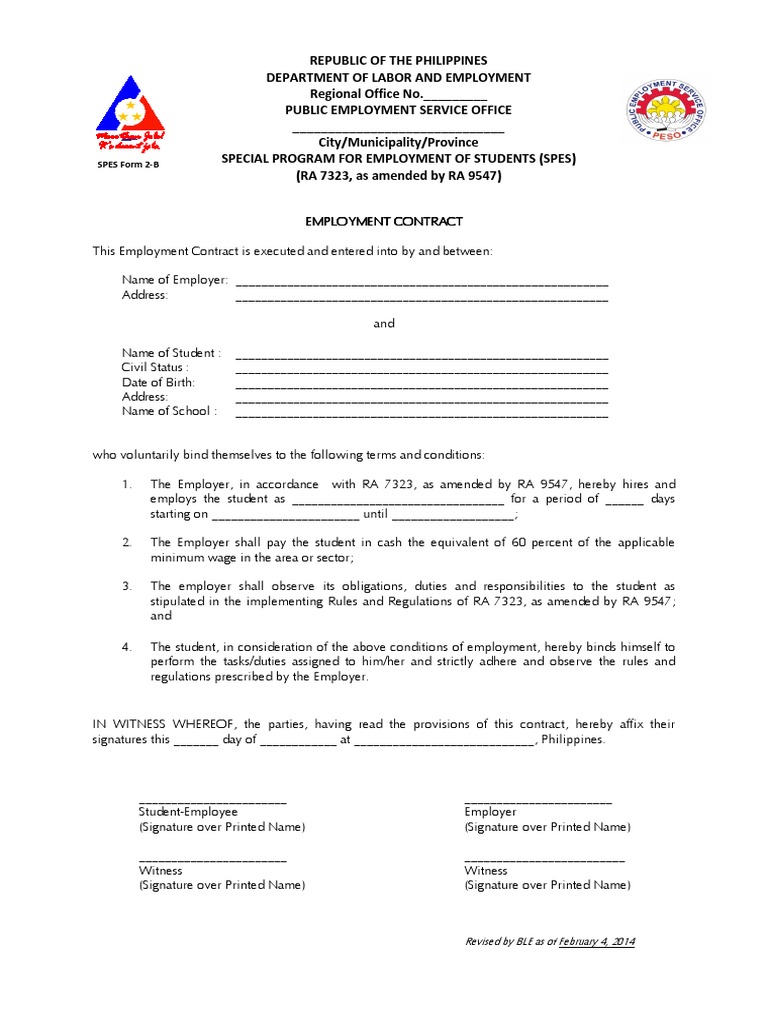 Employment Contract - Spes Form 2-B - Revised As of February 10, 20 ...