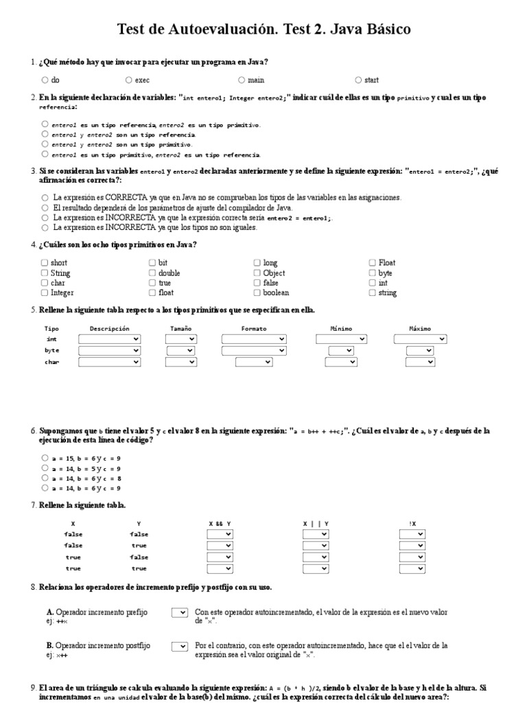 Test de Autoevaluación. Java Básico | PDF | Java (lenguaje de ...