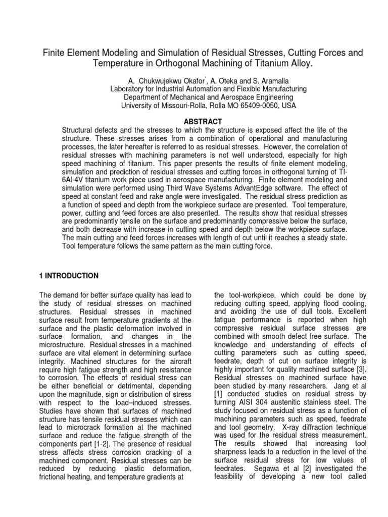 Fem Sim of R Stresses in Machining Titanium | PDF | Machining | Stress (Mechanics)