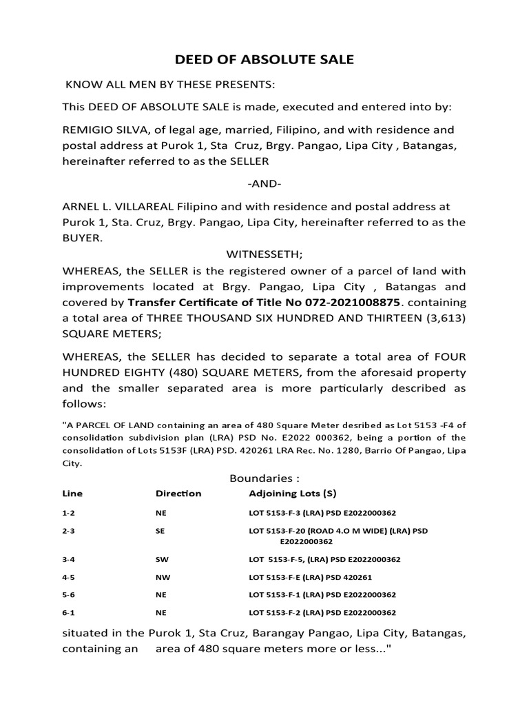 Arnel L. Villeal Deed of Absolute Sale 288k Final | PDF | Justice | Crime & Violence