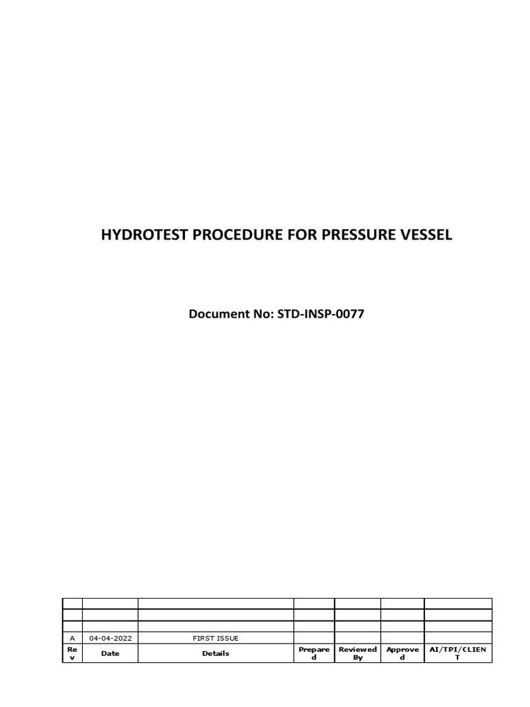 Hydrotest Procedure For Pressure Vessel | PDF | Gas Technologies | Gases