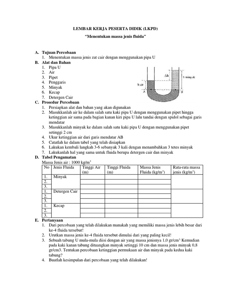 LKPD Tekanan Hidrostatis Pipa U | PDF