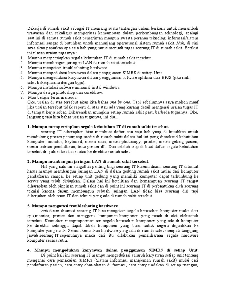 Uraian Tugas IT RS Fatima | PDF