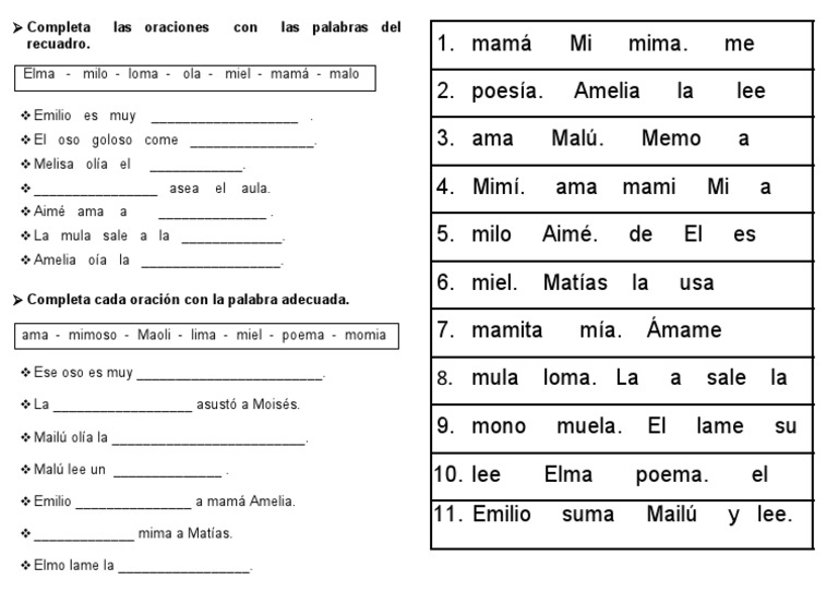 Completa las oraciones con palabras | PDF