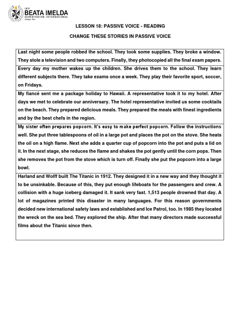 LESSON 18 5th GRADE READING 2 - CHANGE THE STORY INTO PASSIVE - 14th ...